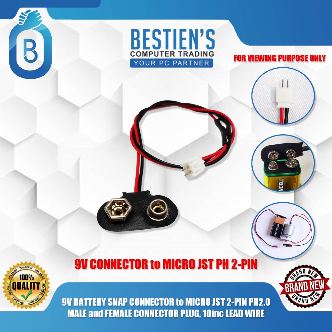 9V BATTERY SNAP CONNECTOR to MICRO JST 2-PIN PH2.0 MALE and FEMALE ...