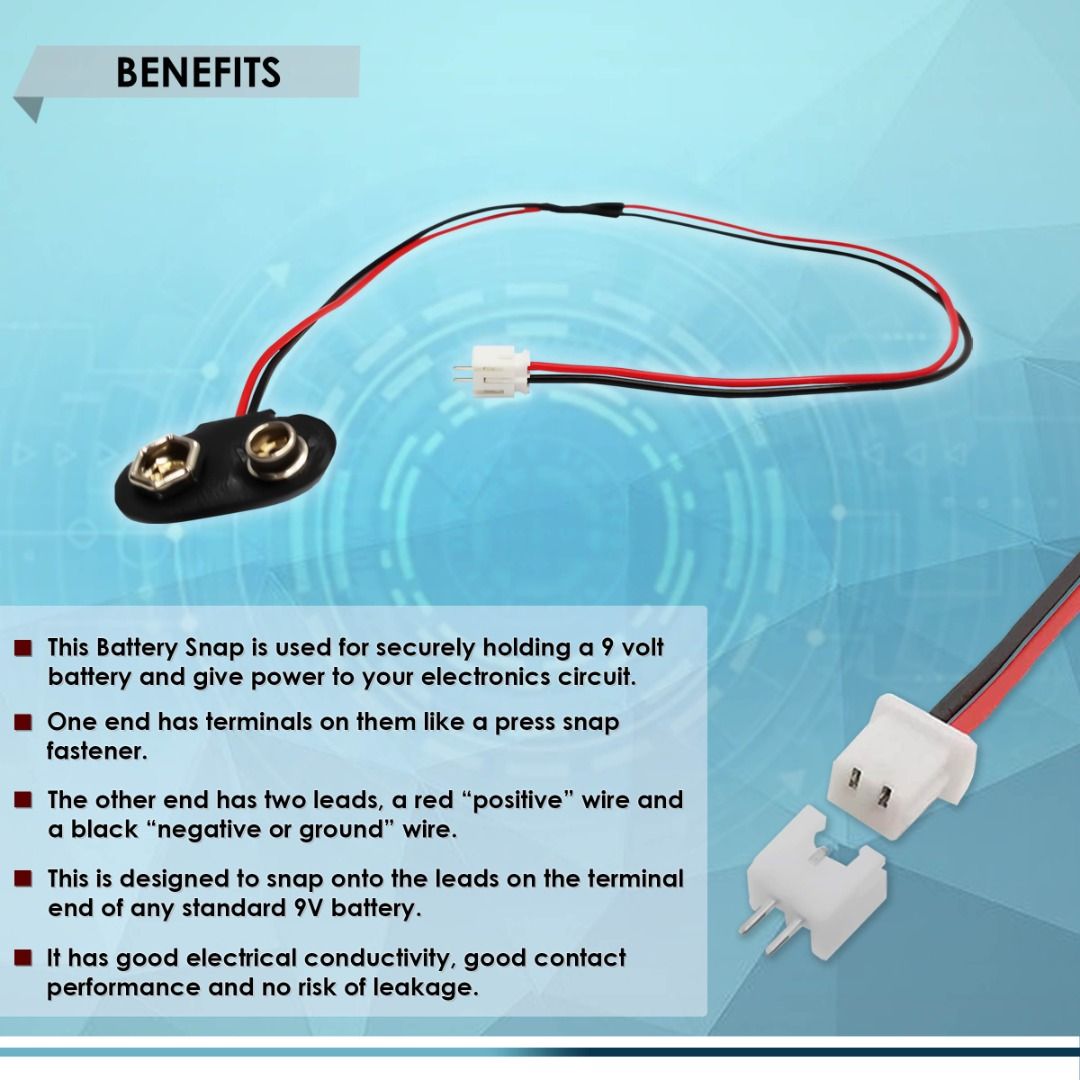 9V BATTERY SNAP CONNECTOR to MICRO JST 2-PIN PH2.0 MALE and FEMALE ...