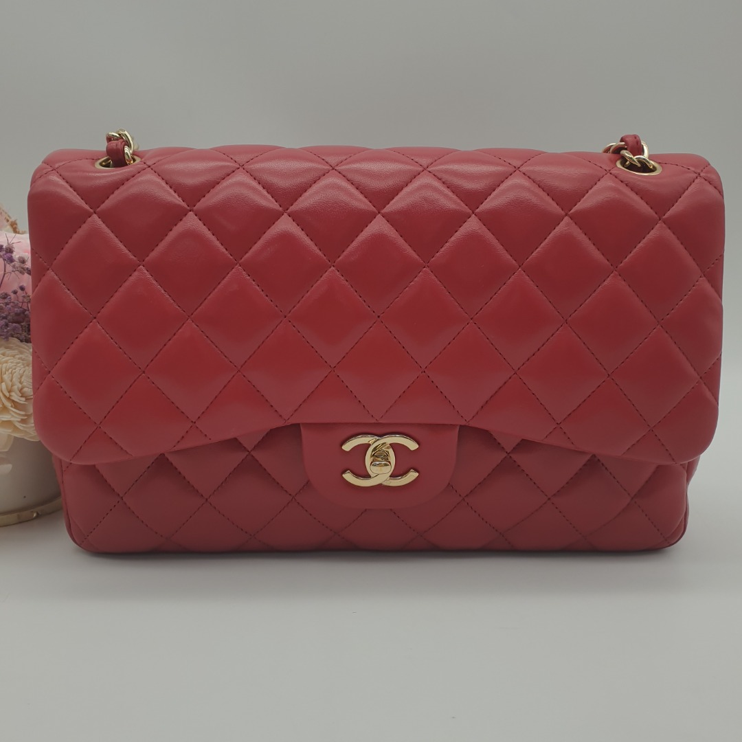 CHANEL MAROON JUMBO LAMBSKIN CLASSIC DOUBLE FLAP LGHW, Women's Fashion ...