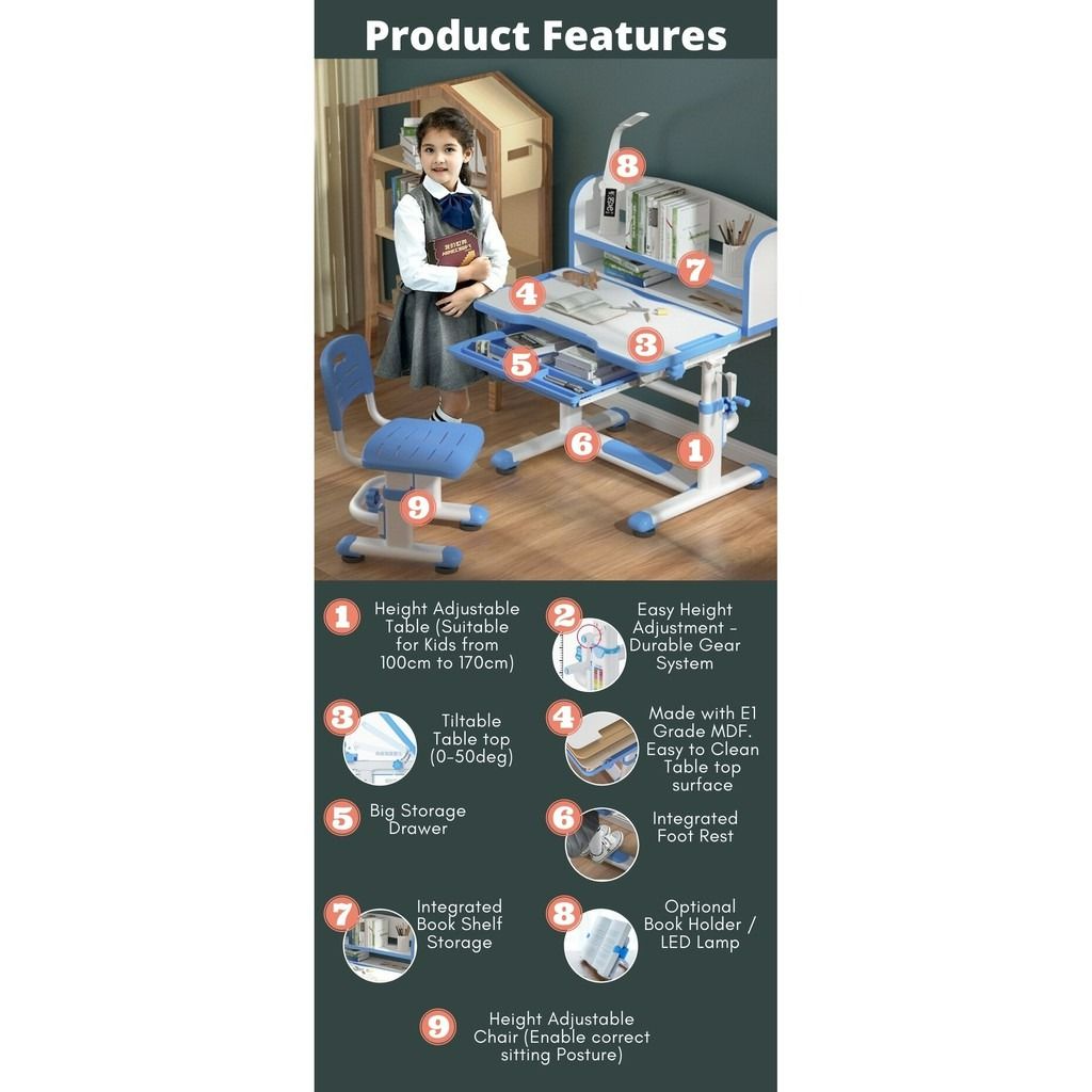 Children ergonomic and Height Adjustable Study Desk and Chair Set (FREE ...
