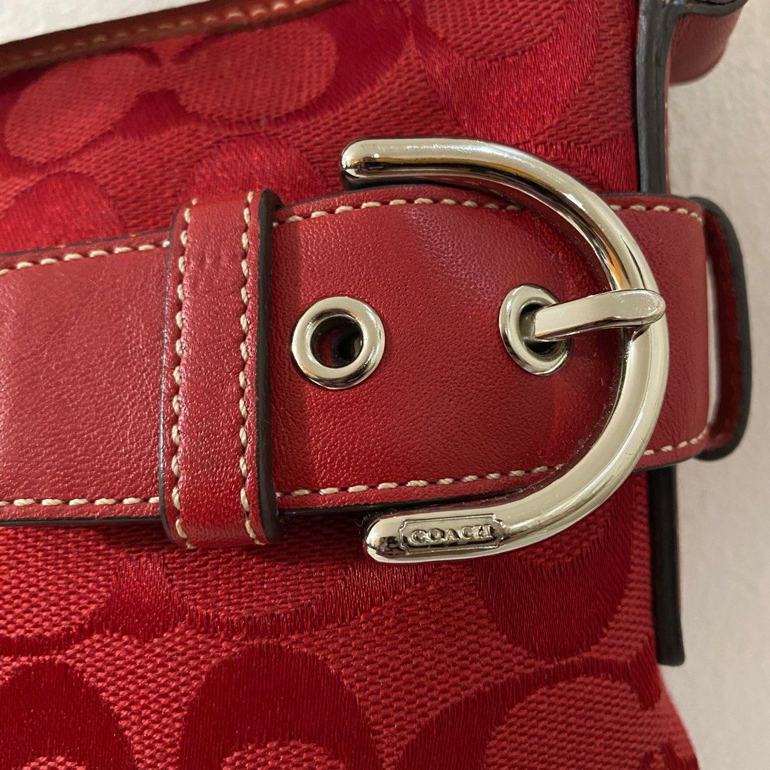 Coach Signature C Red Canvas Suede Leather Trim Buckle Shoulder Bag on ...