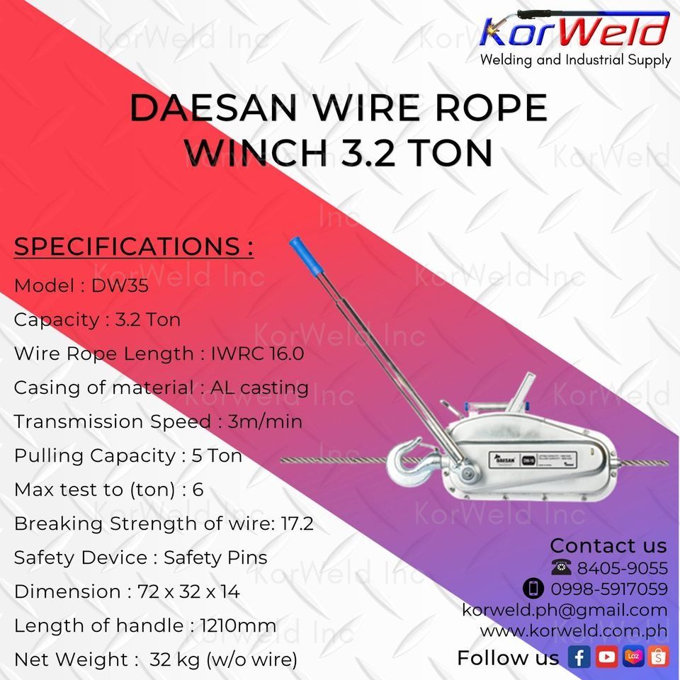 Daesan Wire Rope Winch DW35, Commercial & Industrial, Construction Tools & Equipment on Carousell