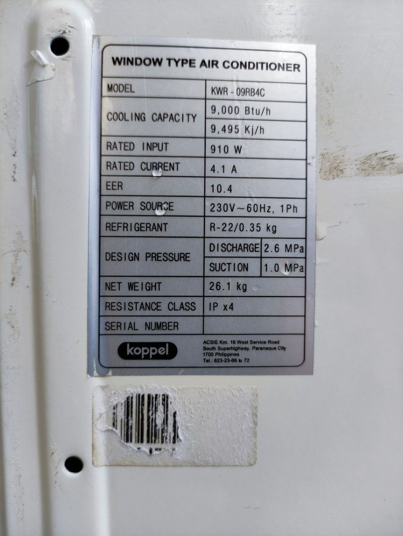 Koppel Aircon Window Type 1 HP, TV & Home Appliances, Air Conditioning ...