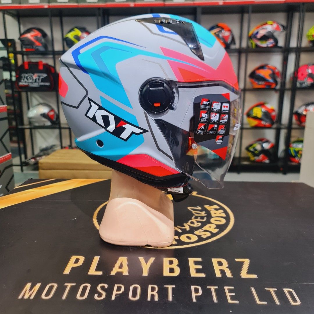 KYT D-CITY MATT ASPHALT GREY BLUE PINK HELMET, Motorcycles, Motorcycle Apparel on Carousell