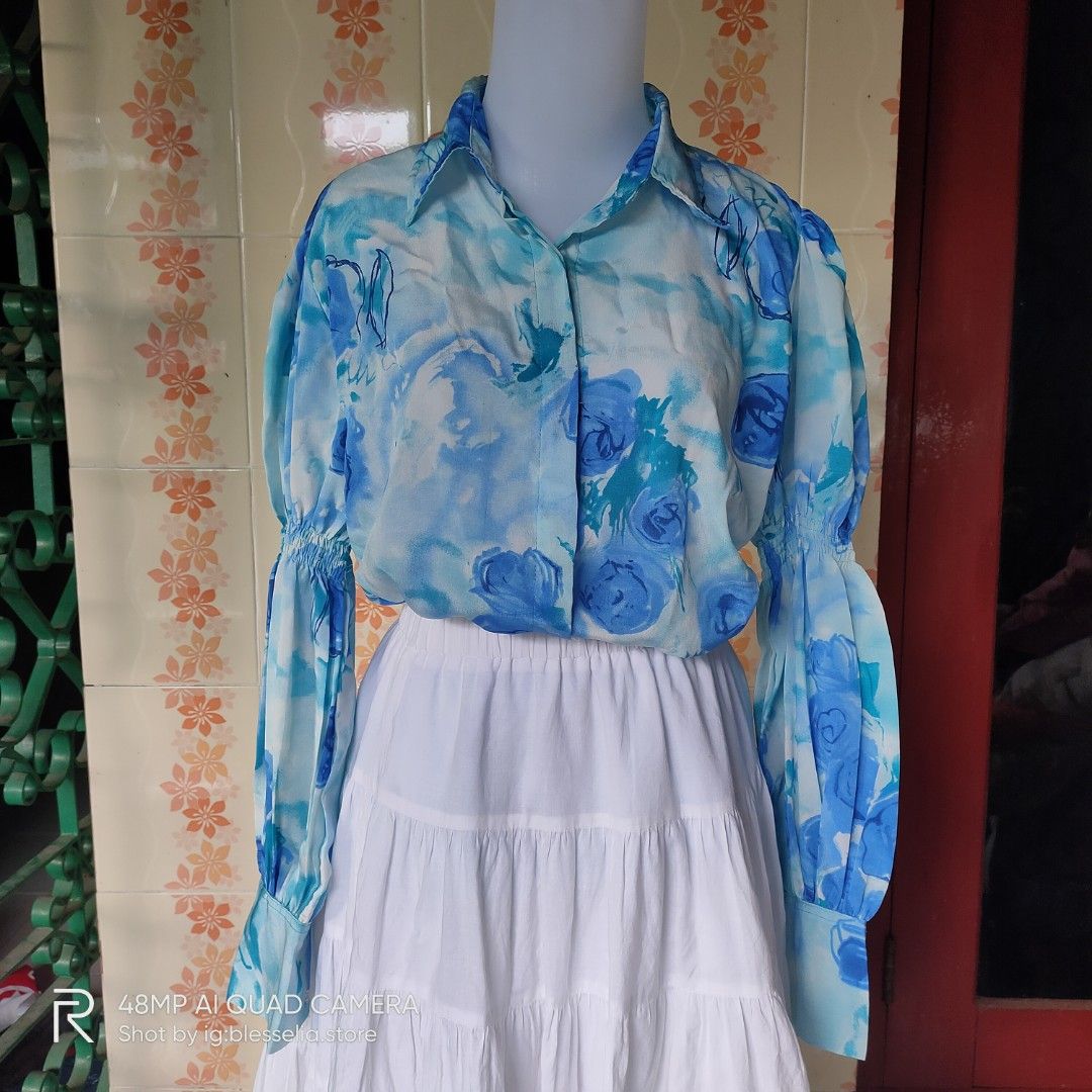 Puffy Top Kemeja Lengan Balon Floral Top Kemeja Bunga Bunga the ...