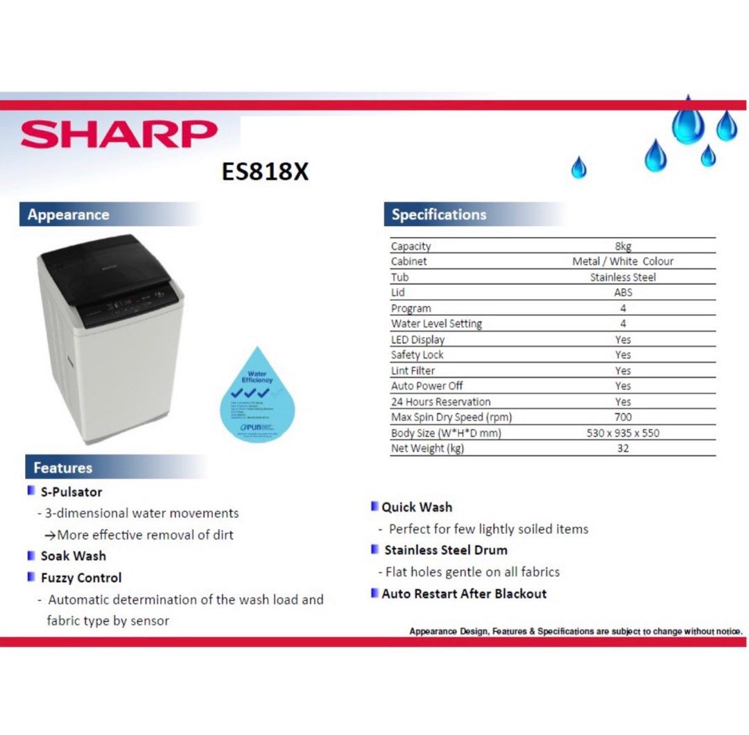 Sharp ES818X 8kg Washing Machine, TV & Home Appliances, Washing ...