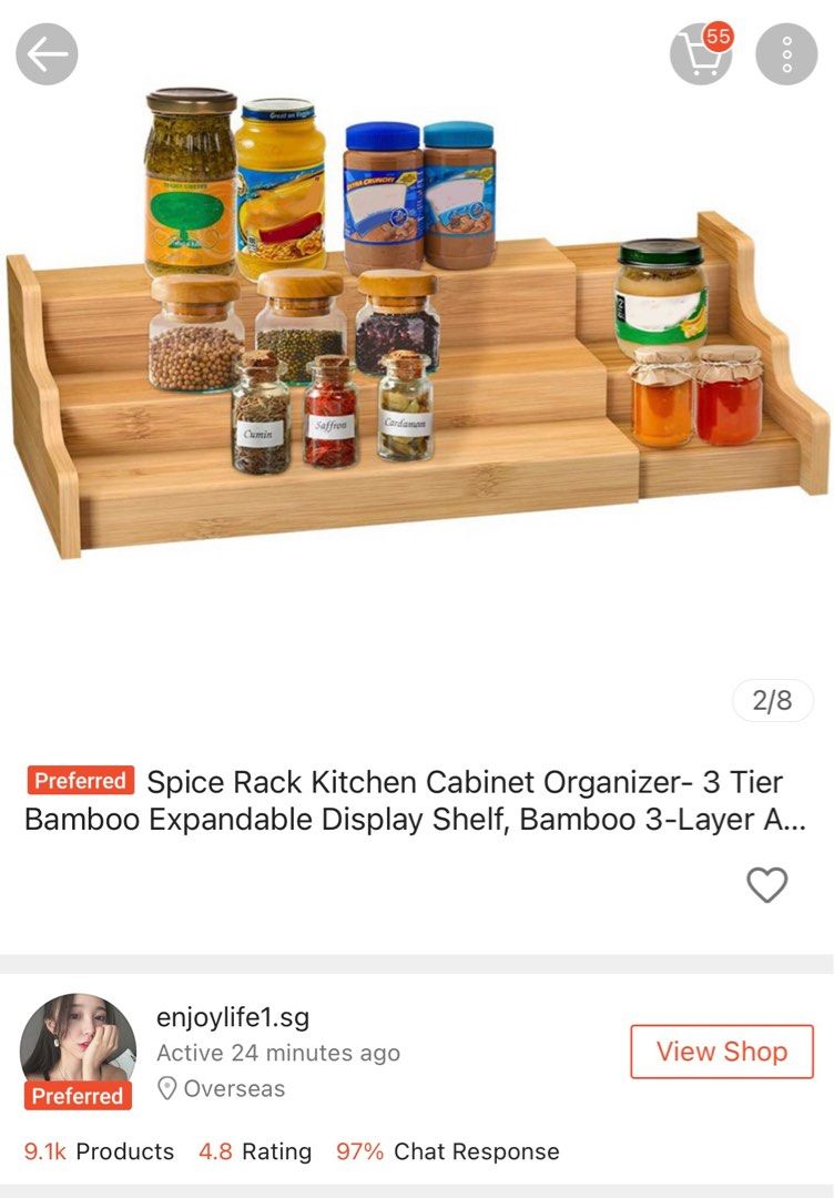 Spice Rack Kitchen Cabinet Organizer- 3 Tier Bamboo Expandable Display ...