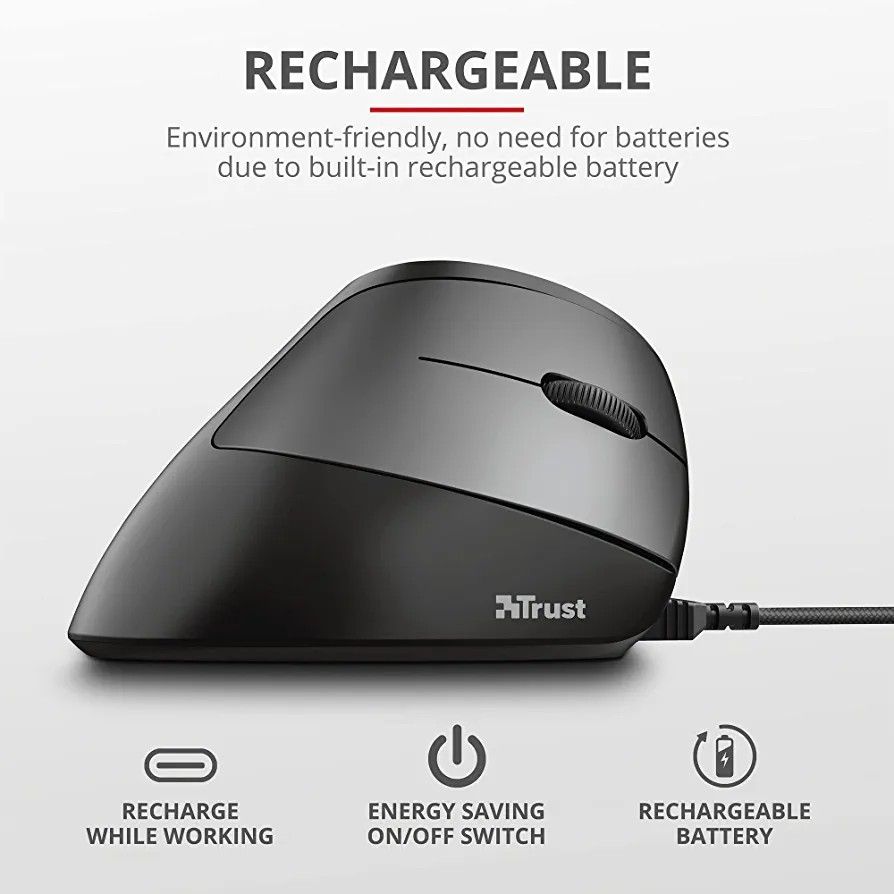 Trust Bayo Vertical Mouse, Rechargeable Ergonomic Mouse, 800-2400 DPI ...
