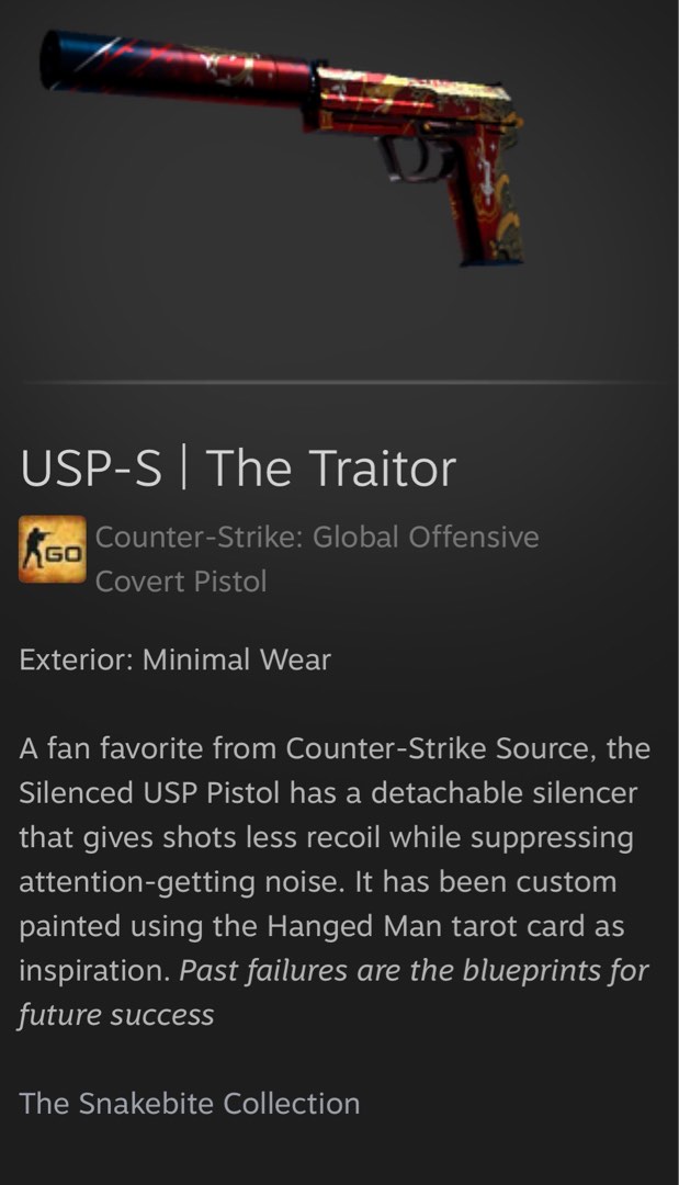 Usp-s The traitor Minimal wear Csgo, Video Gaming, Gaming Accessories, In-Game Products on Carousell