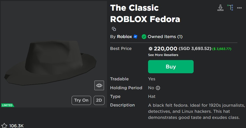 ($3.9/1k) Roblox Demand Limited Classic Fedora, Video Gaming, Video ...