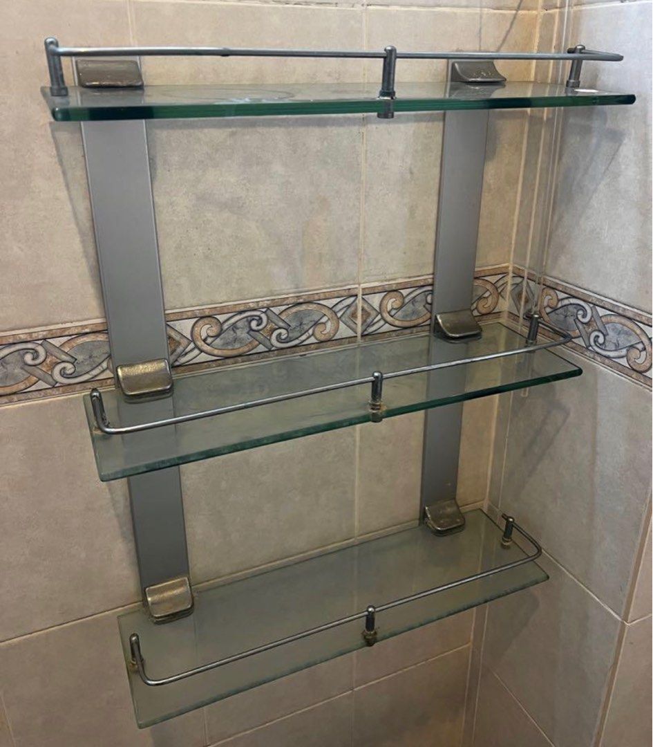 Bathroom Triple Self Stand Clear Glass Shelf, Furniture & Home Living ...