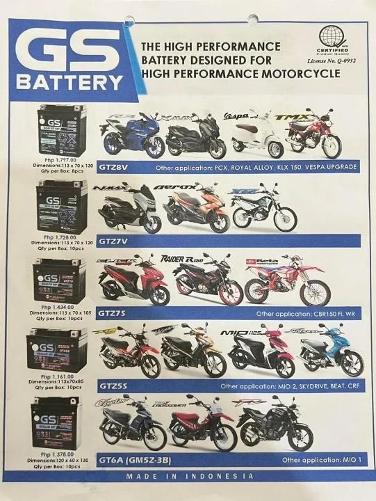 GS Motorcycle Battery GM3-3B (YB3L-A) with solution kit for SUZUKI ...