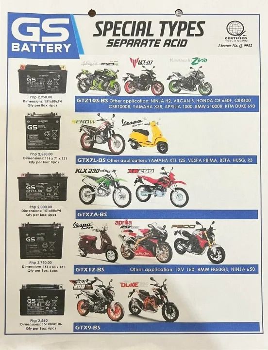 GS Motorcycle Battery GT6A (GM5Z-3B) with Solution Kit for HONDA WAVE ...