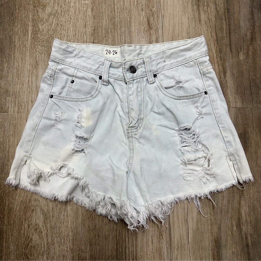 Light acid washed distressed tattered highwaist denim shorts on Carousell