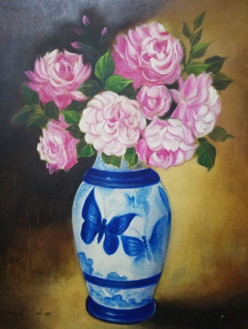 Lukisan Bunga Mawar Pink Karya Dullah 1971, Perabotan Rumah di Carousell