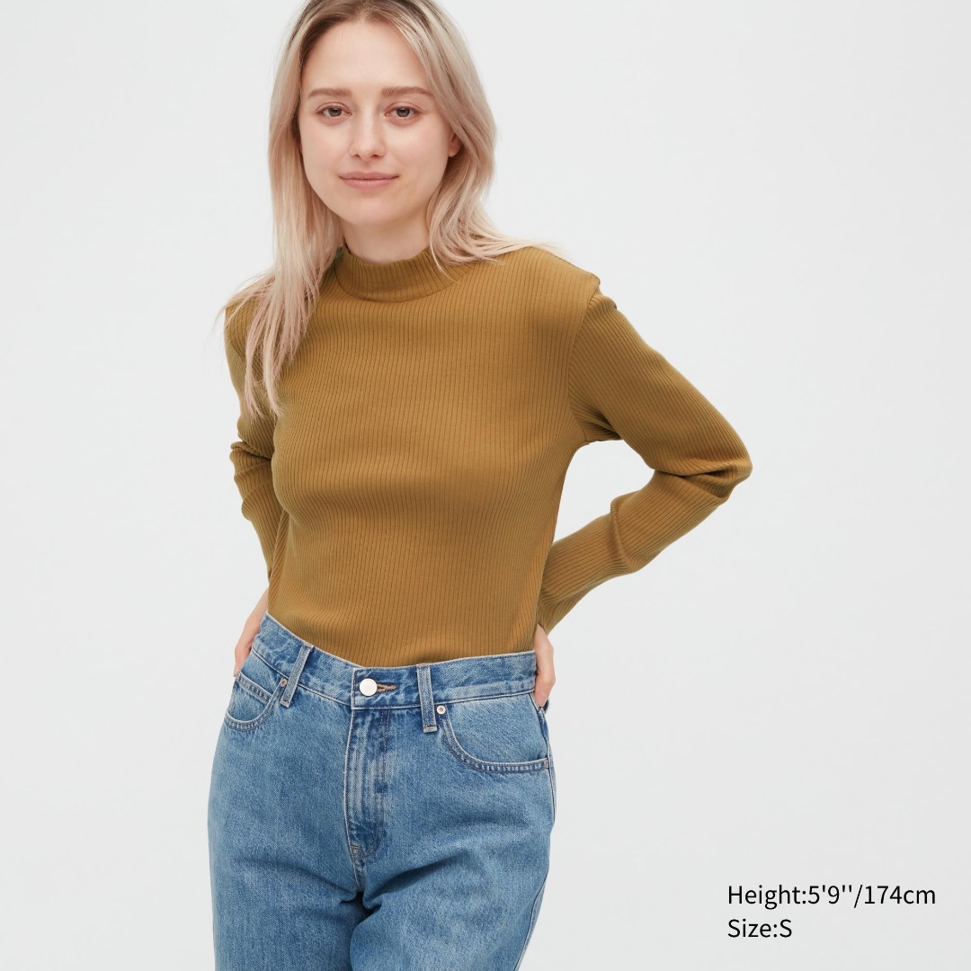 Uniqlo Ribbed Long Sleeve High Neck, Women's Fashion, Tops, Longsleeves ...