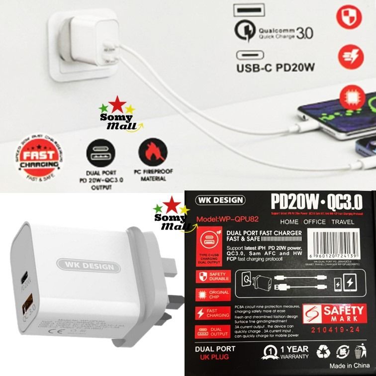 WK DESIGN SG SAFETY MARK PD20W QC3.0 Fast USB Charger Quick Charging ...