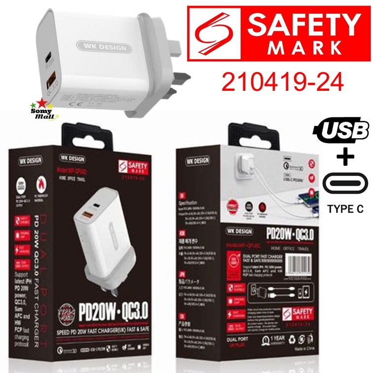 WK DESIGN SG SAFETY MARK PD20W QC3.0 Fast USB Charger Quick Charging ...