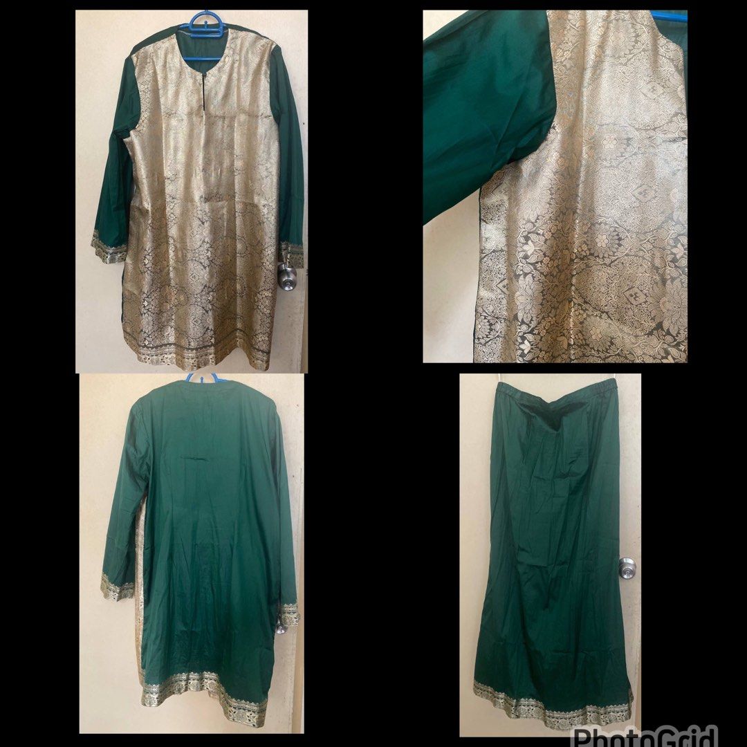 Baju Kurung Saree Satin Hijau Tua Emerald Green Saiz Size M L Womens Fashion Muslimah Fashion