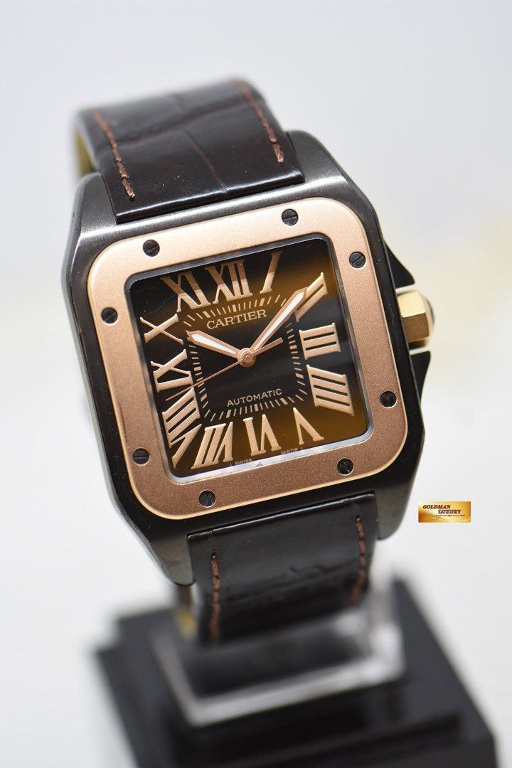 CARTIER SANTOS 100XL LARGE SIZE BLACK DLC / 18K ROSE GOLD IN LEATHER ...