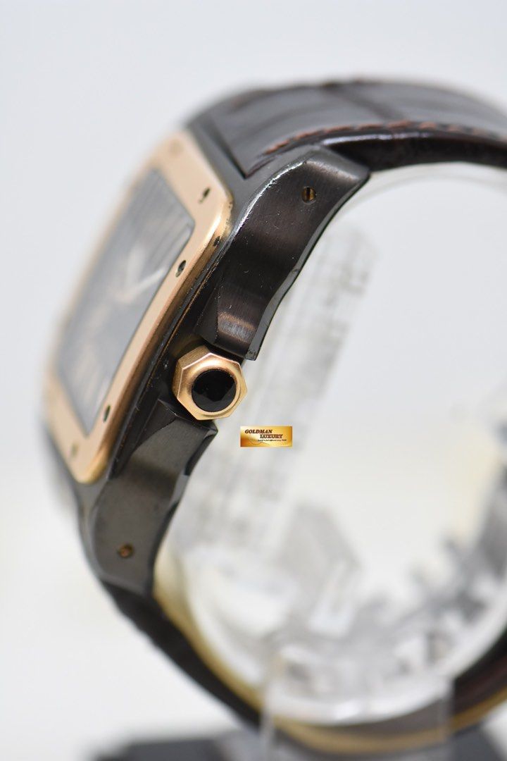 CARTIER SANTOS 100XL LARGE SIZE BLACK DLC / 18K ROSE GOLD IN LEATHER ...