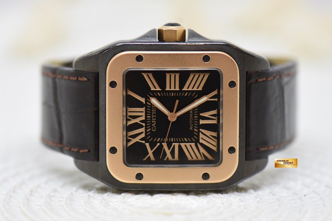 CARTIER SANTOS 100XL LARGE SIZE BLACK DLC / 18K ROSE GOLD IN LEATHER ...