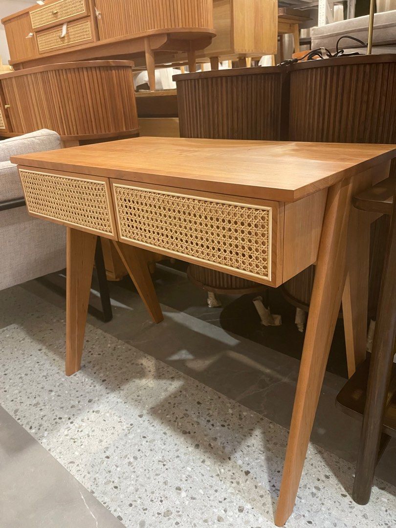 Cherry wood rattan study desk, Furniture & Home Living, Furniture ...