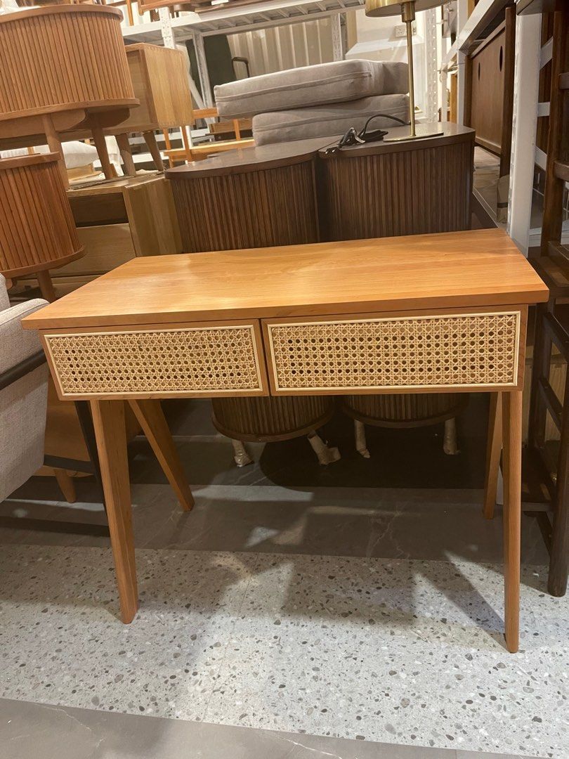 Cherry wood rattan study desk, Furniture & Home Living, Furniture ...