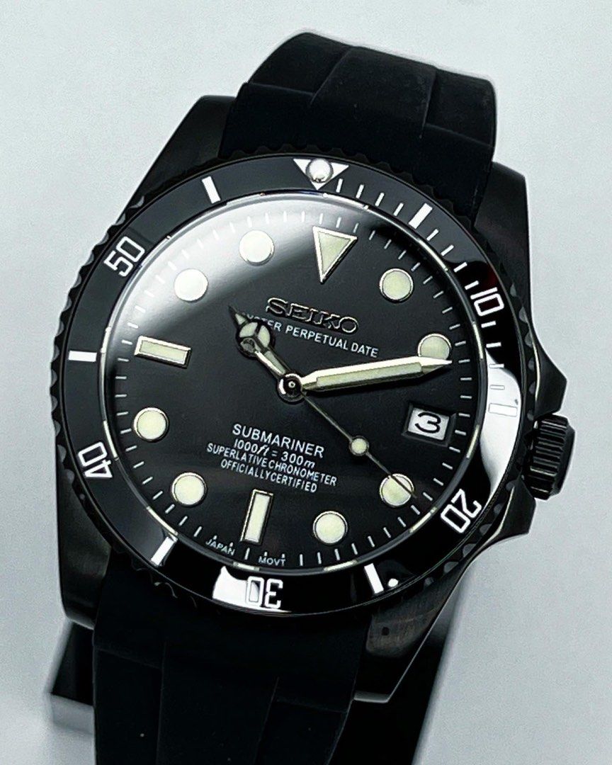 Custom Seiko Mod 36mm All Black Submariner w/ Rubber strap, Men's ...