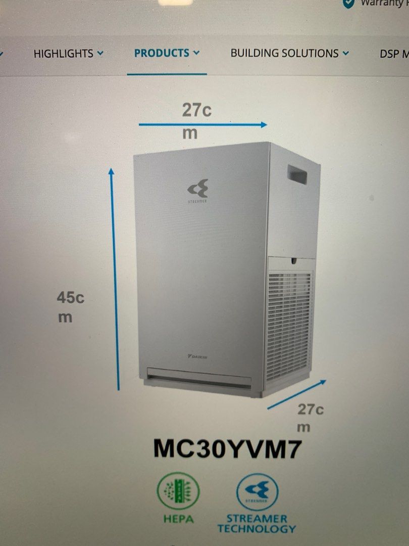 Daikin air purifier MC30YVM7, TV & Home Appliances, Air Purifiers ...