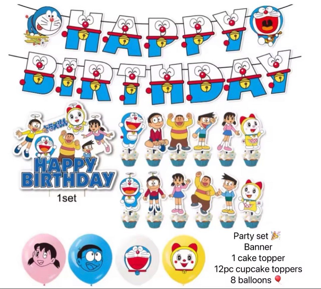 Doraemon Norita Happy Birthday Balloon Set Backdrop Banner, Hobbies ...