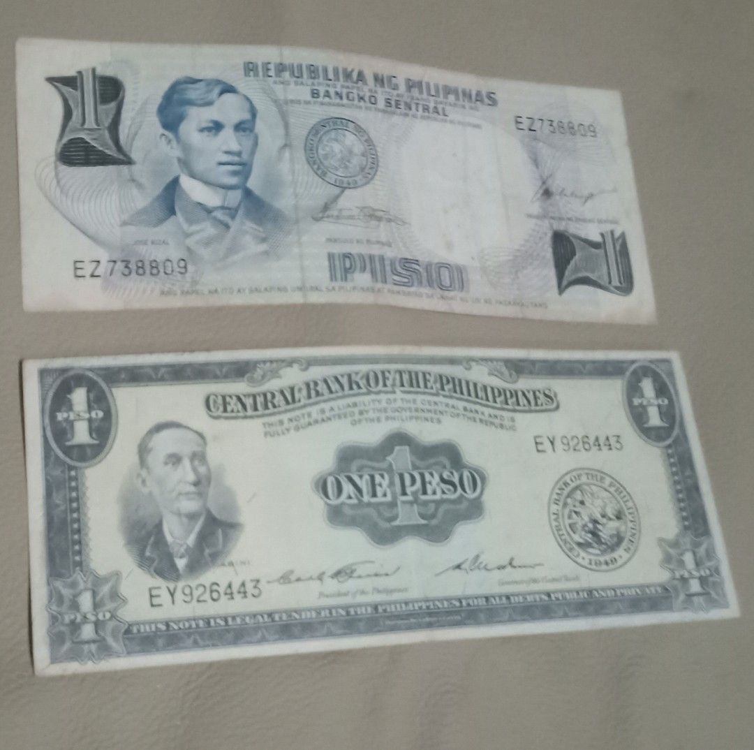 One peso Dr Jose Rizal Philippines old paper bills and one peso Andes ...