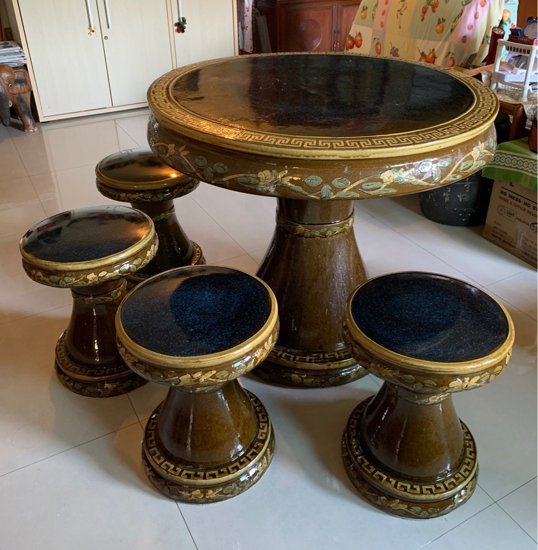 Rare Five Piece Chinese Terracotta Table & Stool Set, Furniture & Home ...