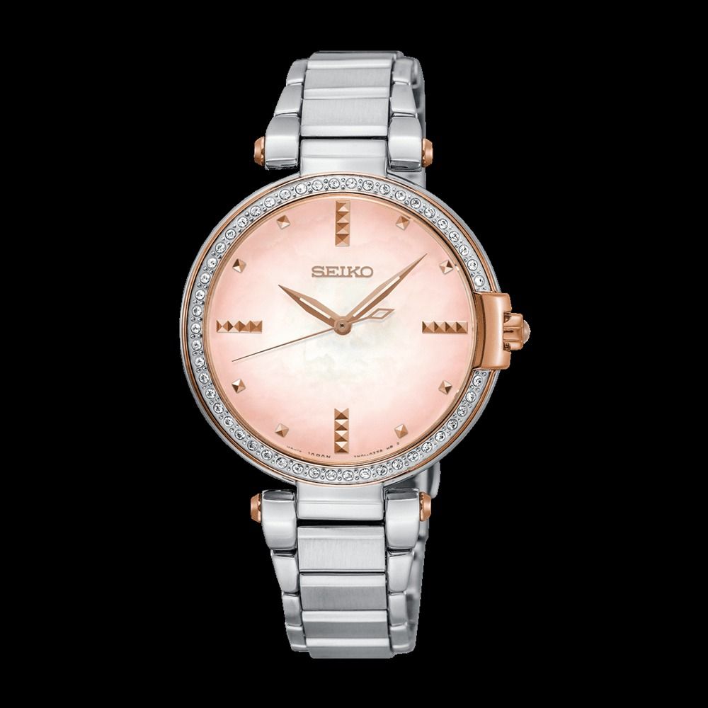 Seiko Diamond Accent Pink Peach Dial Stainless Steel Quartz Watch ...