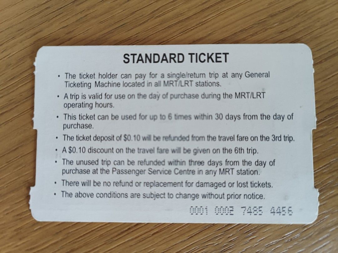 Singapore MRT Standard Ticket, Used, Extra Fine & Nice Condition ...