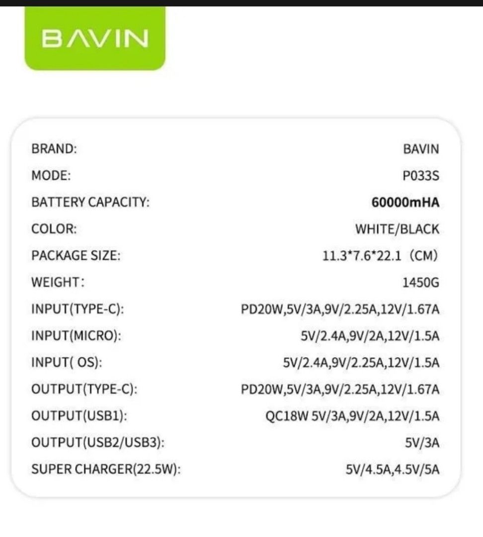 BAVIN 60000mAh Large Capacity Powerbank Fast Charge 22.5W, Mobile ...