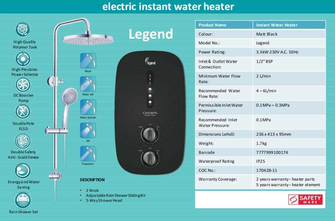 CHAMPS Instant Water Heater / Champ Legend / High Quality Polymer Tank ...