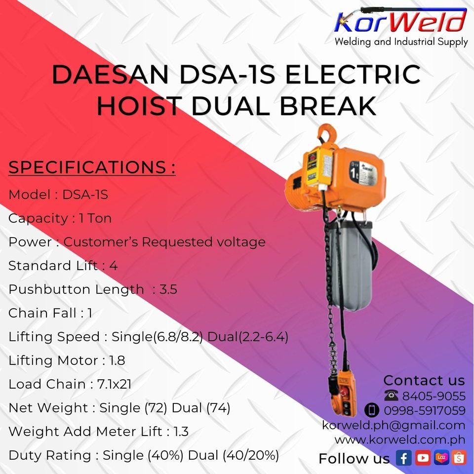 Daesan Electric Hoist (Dual Break) DSA-1S, Commercial & Industrial ...