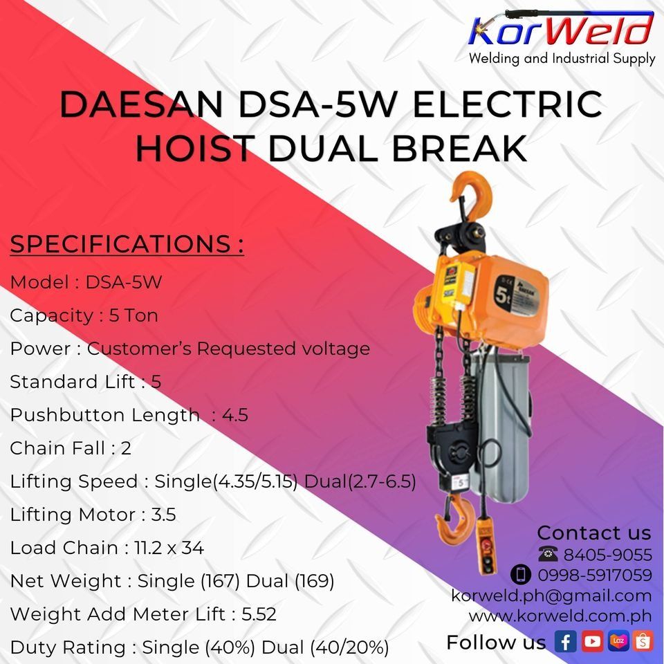 Daesan Electric Hoist (Dual Break) DSA-5W, Commercial & Industrial ...