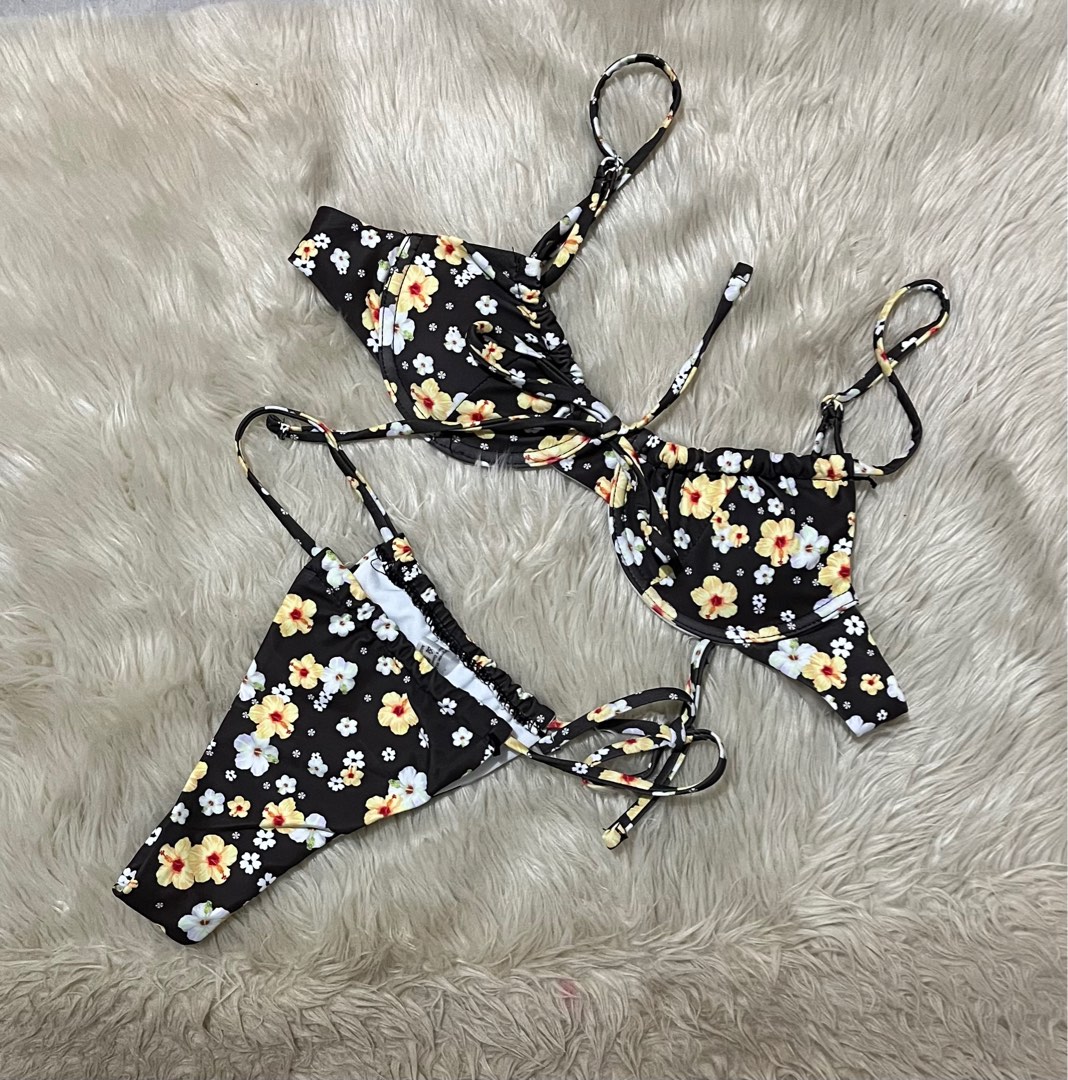 Ditsy Black Ribbon Underwire Bikini, Women's Fashion, Swimwear, Bikinis ...