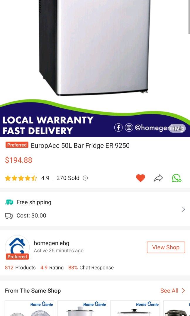 EuropAce 50L Bar Fridge ER9250, TV & Home Appliances, Kitchen ...