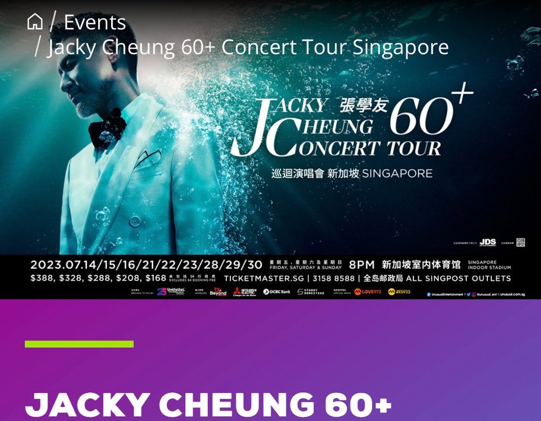 (Jackie Cheung)Exchange 1 ticket Cat4 23/7 ticket for 2 tickets anyday, Tickets & Vouchers ...