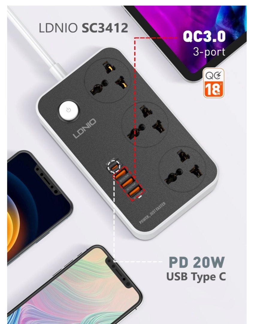 LDNIO SC3412 universal socket extension with usb & type C, Mobile Phones & Gadgets, Mobile ...