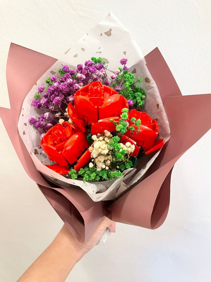 Made to Order- Lego Red Rose with baby breath flower bouquet , Hobbies ...