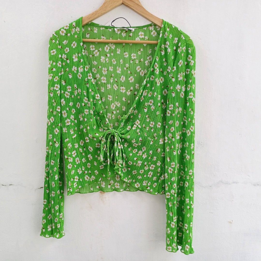 PULL&BEAR WOMAN PLEATED BLOUSE WITH PRINT BARU ASLI ORIGINAL, Fesyen Wanita, Pakaian Wanita ...