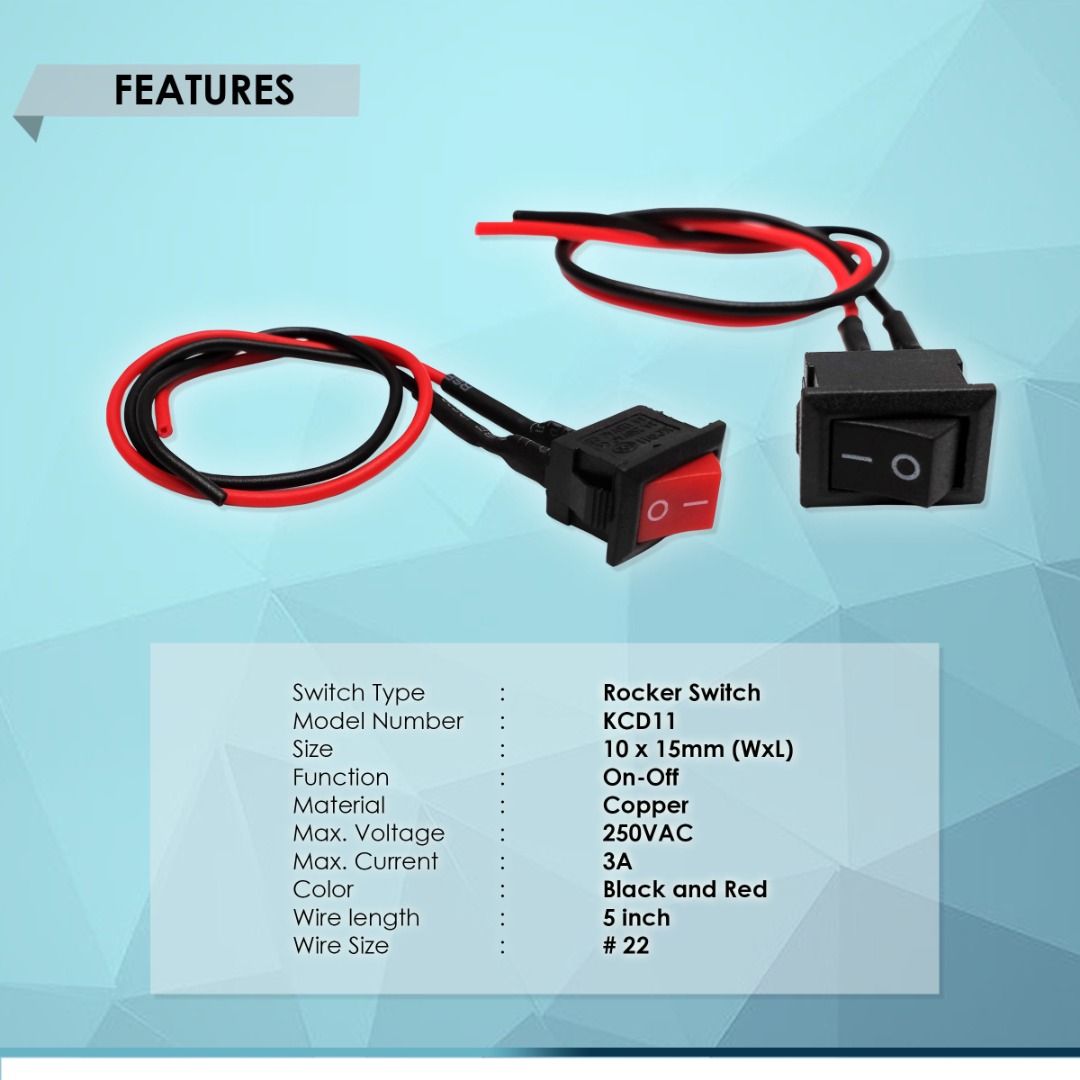 ROCKER SWITCH KCD11 with WIRE (1-PC per ORDER), 10x15mm 2-PIN SNAP-IN ...