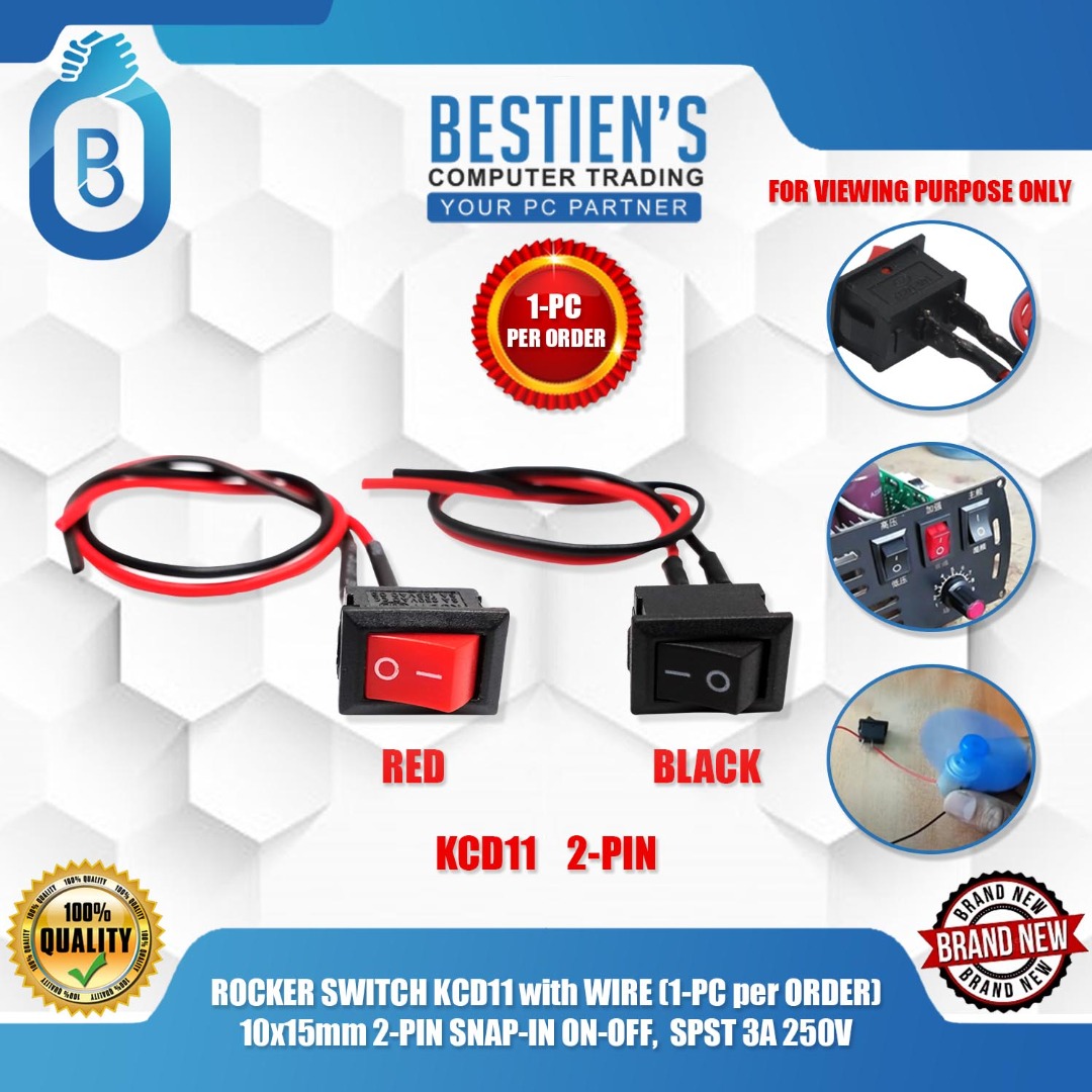 ROCKER SWITCH KCD11 with WIRE (1-PC per ORDER), 10x15mm 2-PIN SNAP-IN ...