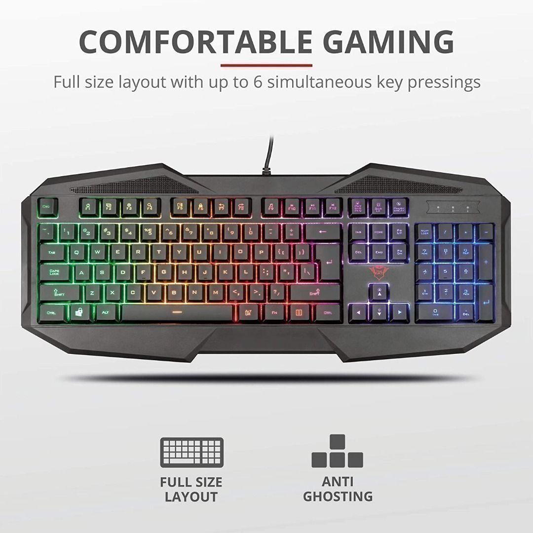 Trust Avonn Gaming Keyboard Mechanical Feel LED Illuminated RGB Rainbow ...