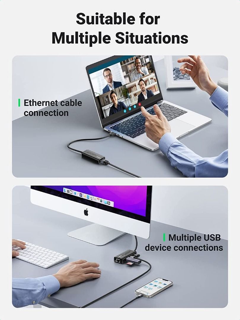 UGREEN 4 in 1 USB Hub to Ethernet Adapter, Gigabit USB Ethernet Hub to ...