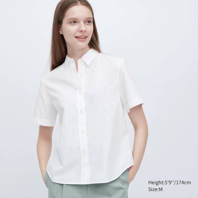 White Button Up Short Sleeve Uniqlo, Women's Fashion, Tops, Blouses on ...
